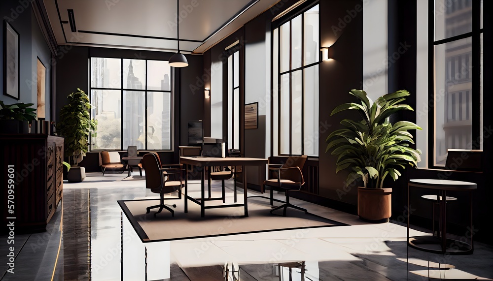 Small office interior, iced coffee colors, generative ai, with a table ...