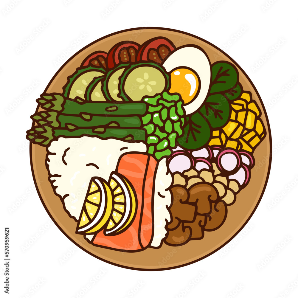 Vegetable,egg and salmon poke bowl, hand drawing. Vector food ...