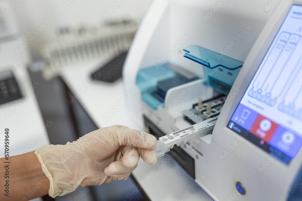 Female laboratory assistant making analysis with test tubes and ...
