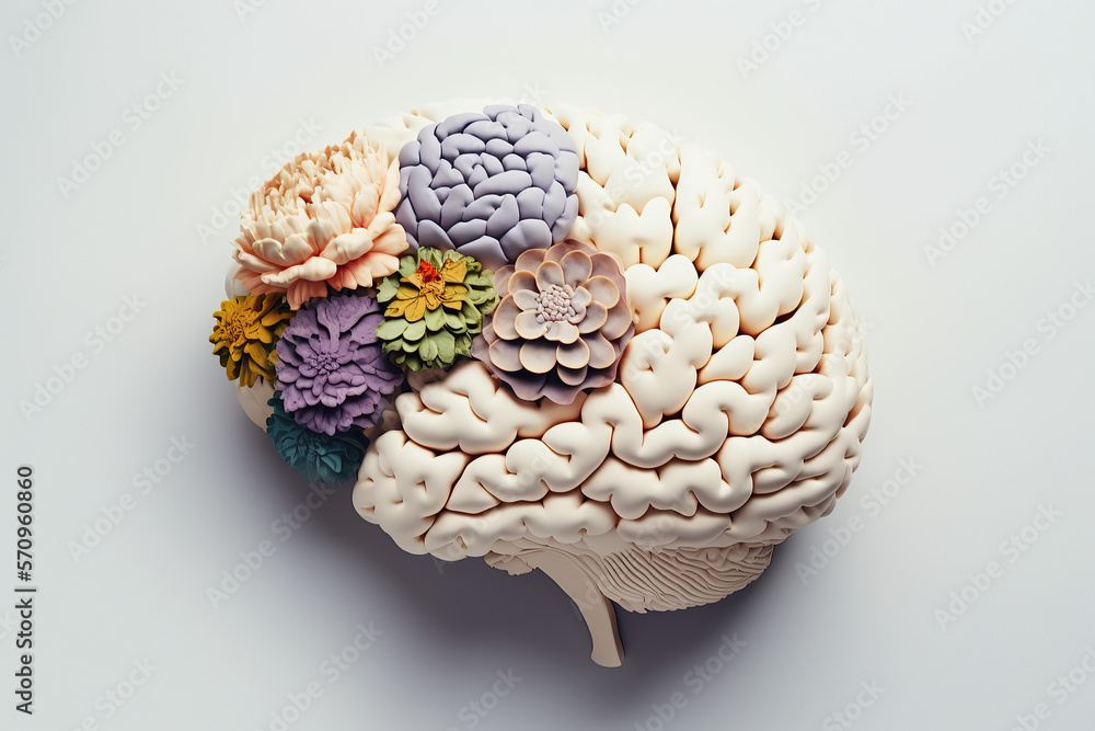Human brain with flowers, self care and mental health, created with ...