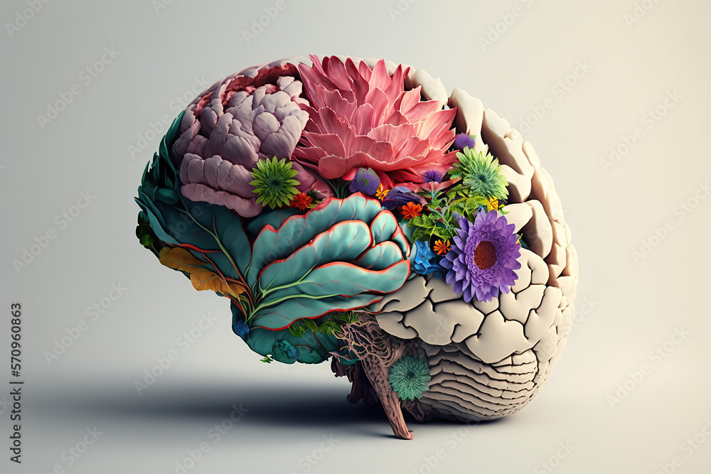 Human brain with flowers, self care and mental health, created with ...