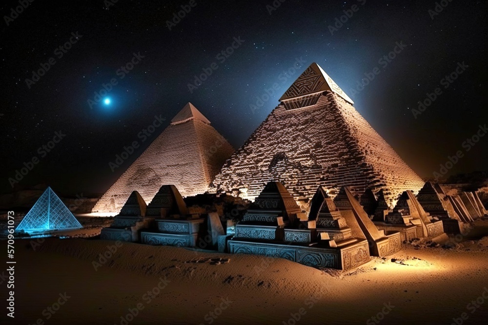 Ancient Egyptian pyramids in the desert under the night sky, generative ...