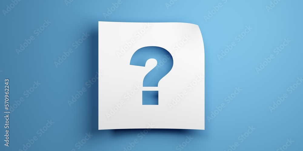 Single white paper card with question mark cut out on blue background ...