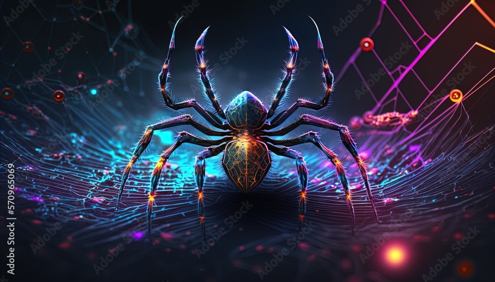 Cyber microchip spider networked on a digital data spider web mesh ...