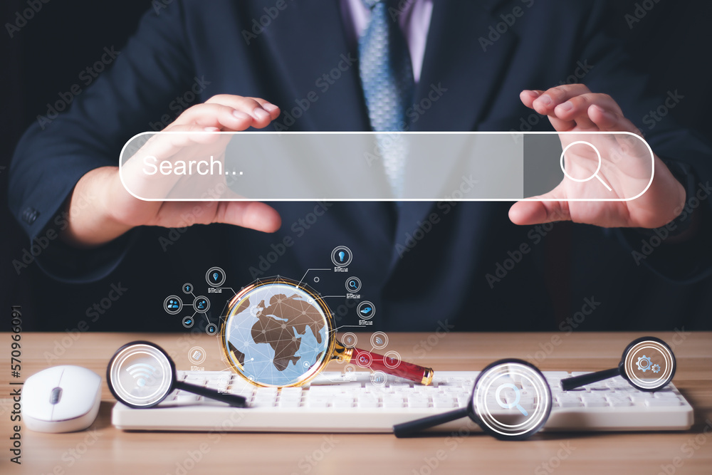 Data Search Technology Search Engine Optimization. Businessman holding ...