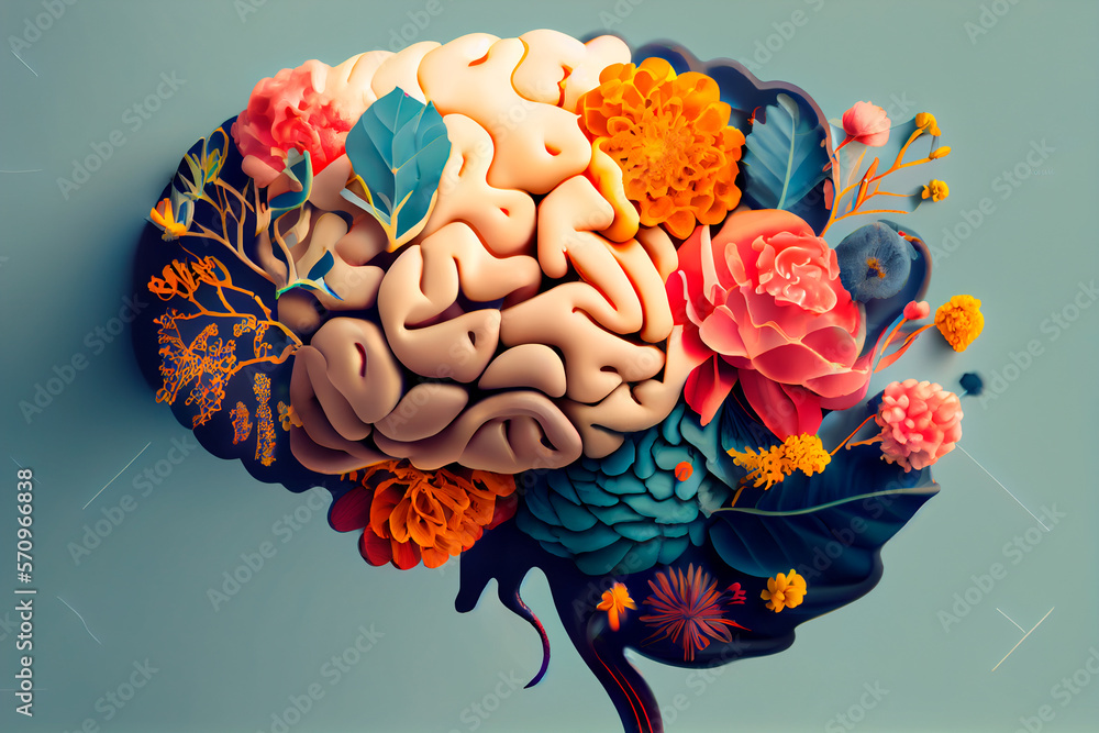 Human brain with colors, self care and mental health concept, positive ...
