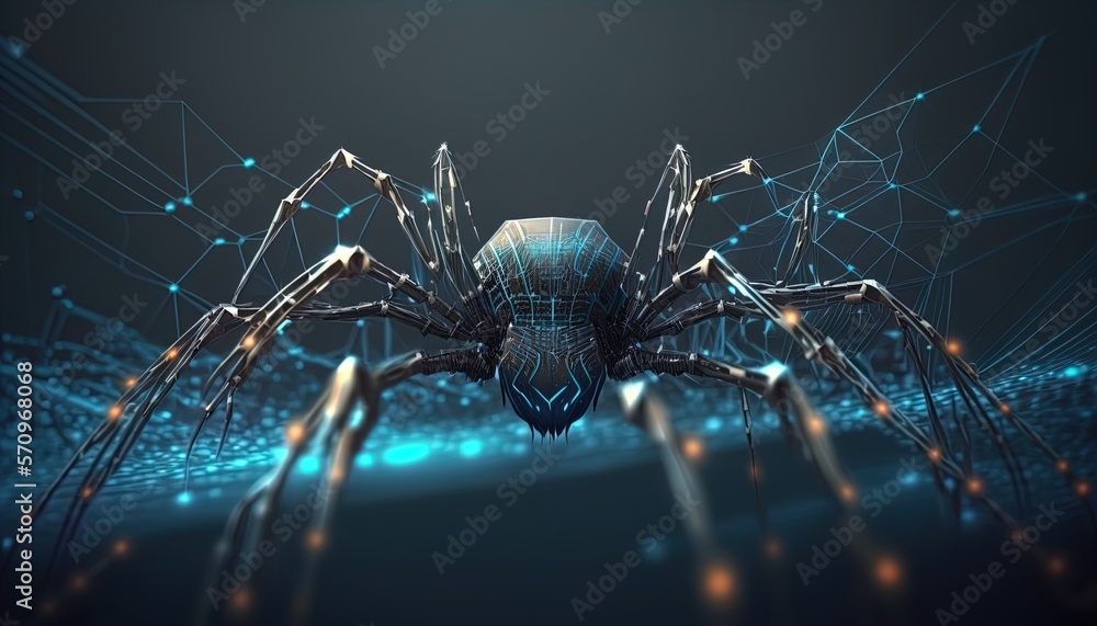 Cyber microchip spider networked on a digital data spider web mesh ...