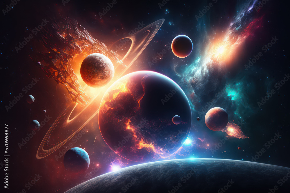 Fantastic spacescape with planets and constellations in bright colors ...