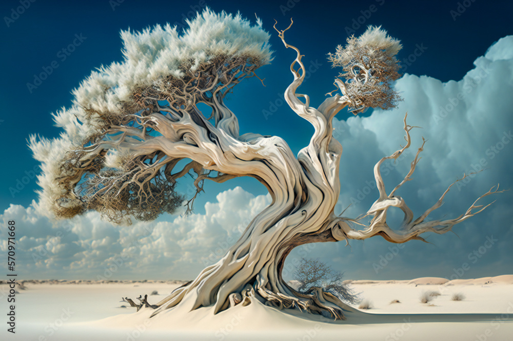 Lonely unusual white dry tree in a desert, with blue sky and clouds in ...