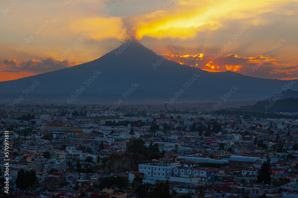 View on th Popocatepetl Volcano during sunset from the ancient pyramid ...