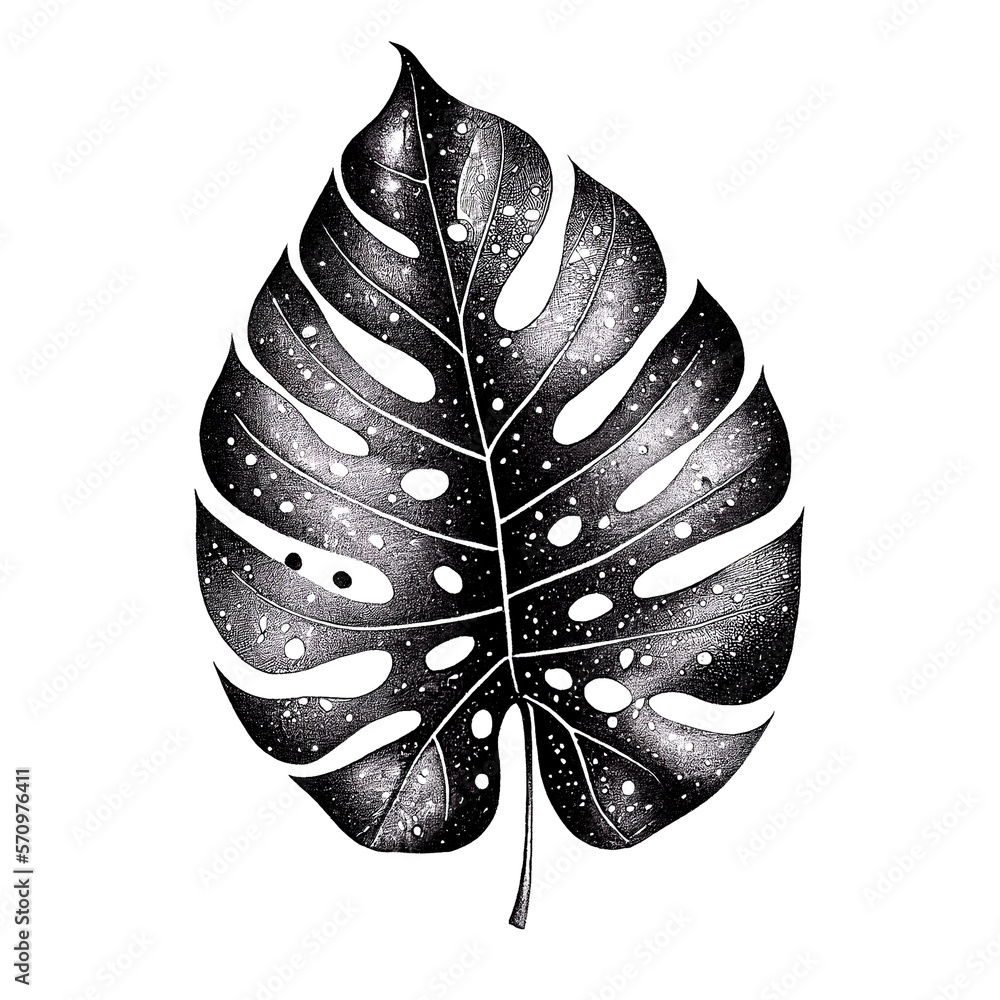 Monstera leaf hand drawn ink illustration in stippling technique. Black ...
