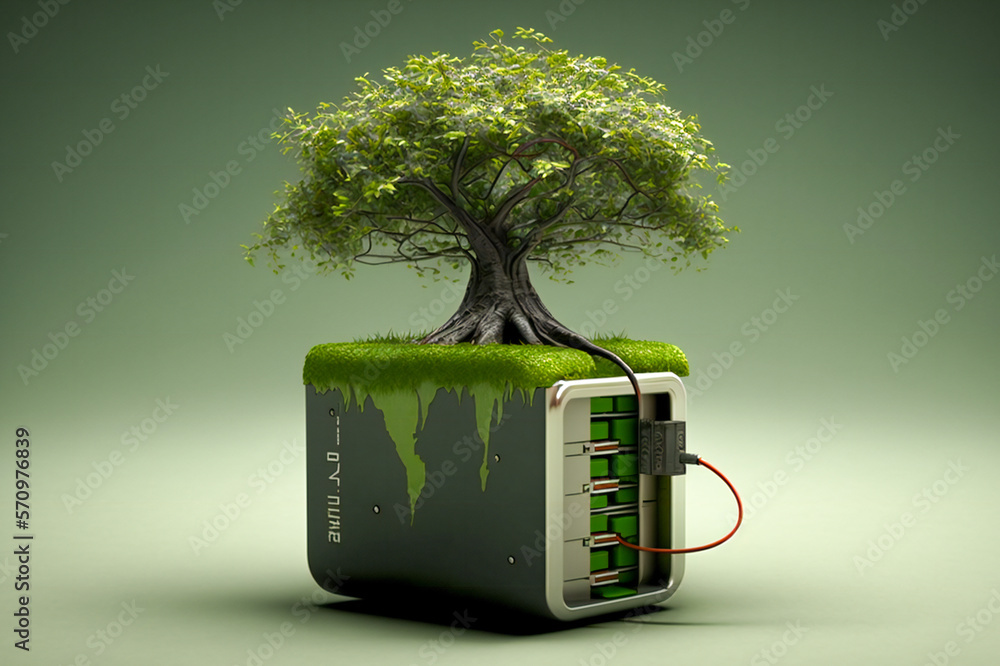 Tiny tree growing on a green battery. Green energy concept. Created ...