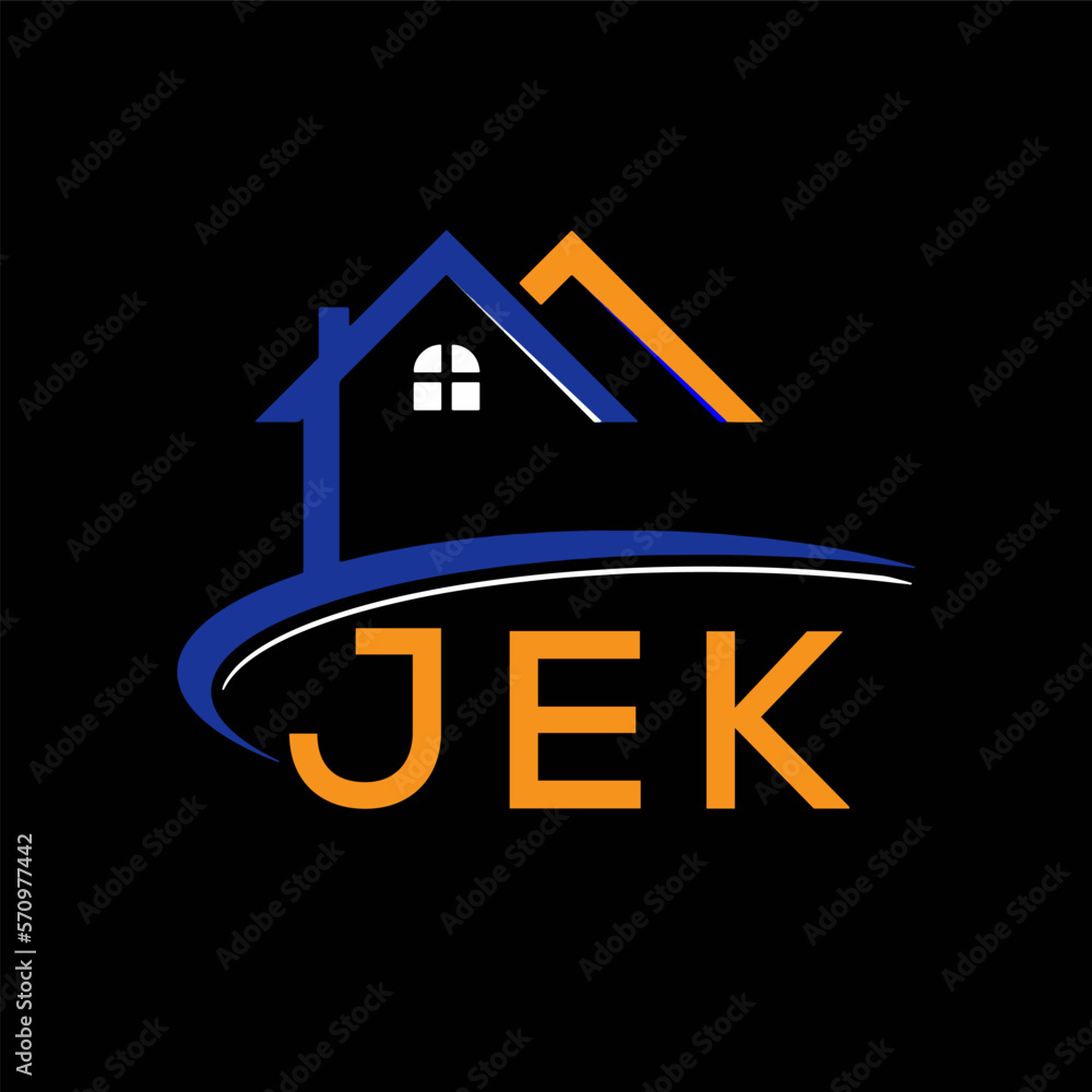 JEK house logo, letter logo. JEK blue image on black background and ...