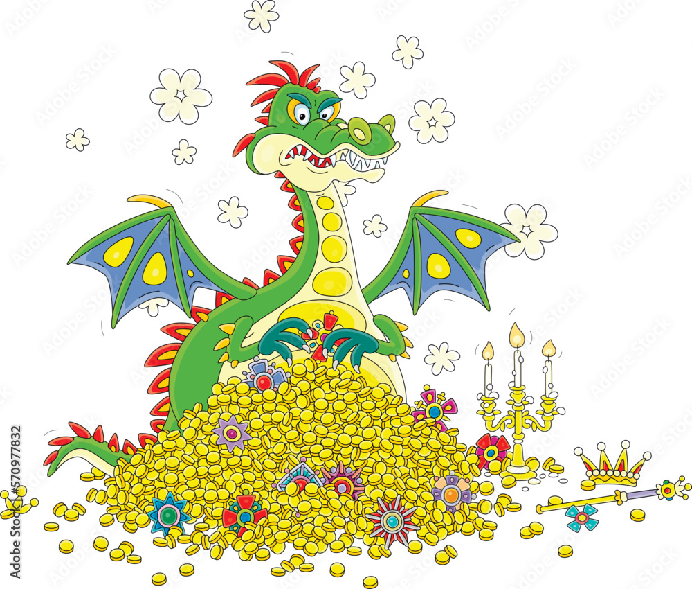 Funny angry fire-breathing dragon with clouds of smoke guarding a large ...