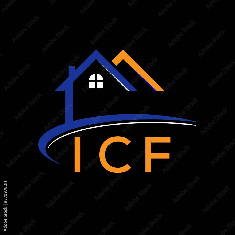 ICF house logo, letter logo. ICF blue image on black background and orange . ICF technology ...