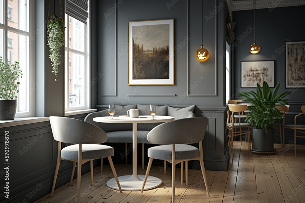 Interior of an elegant and modern restaurant, scandi style with gray ...
