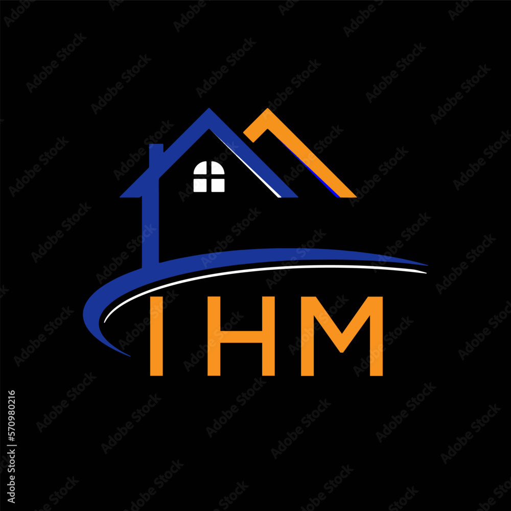 IHM house logo, letter logo. IHM blue image on black background and ...