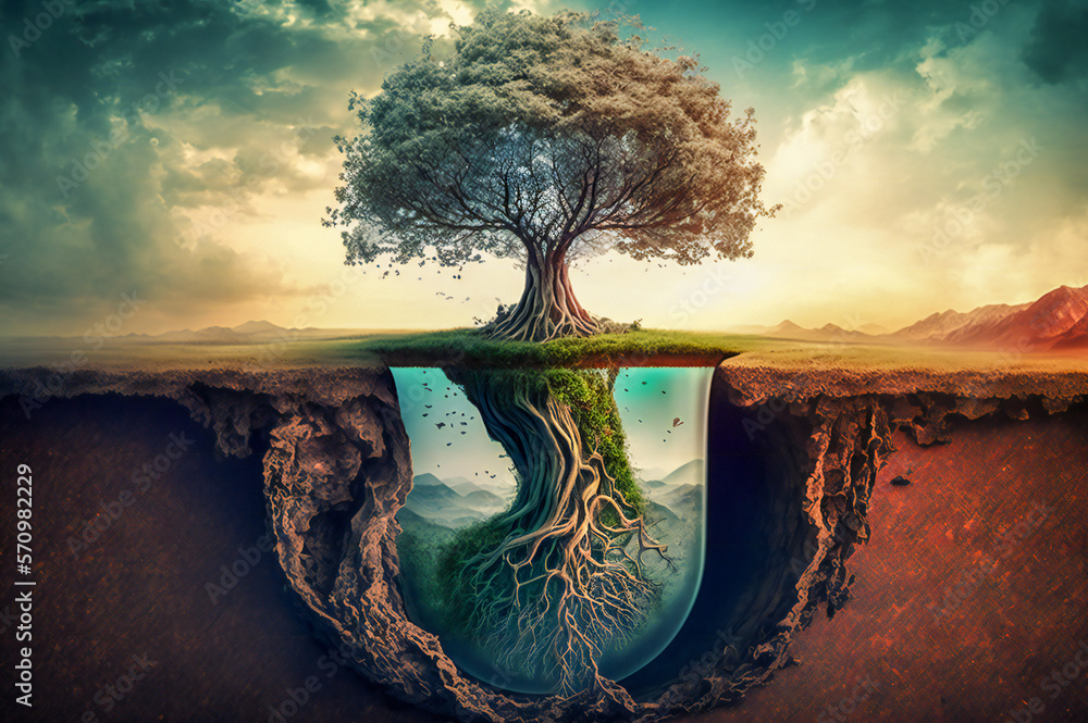 Surreal majestic tree with its roots growing in a world beneath the ...