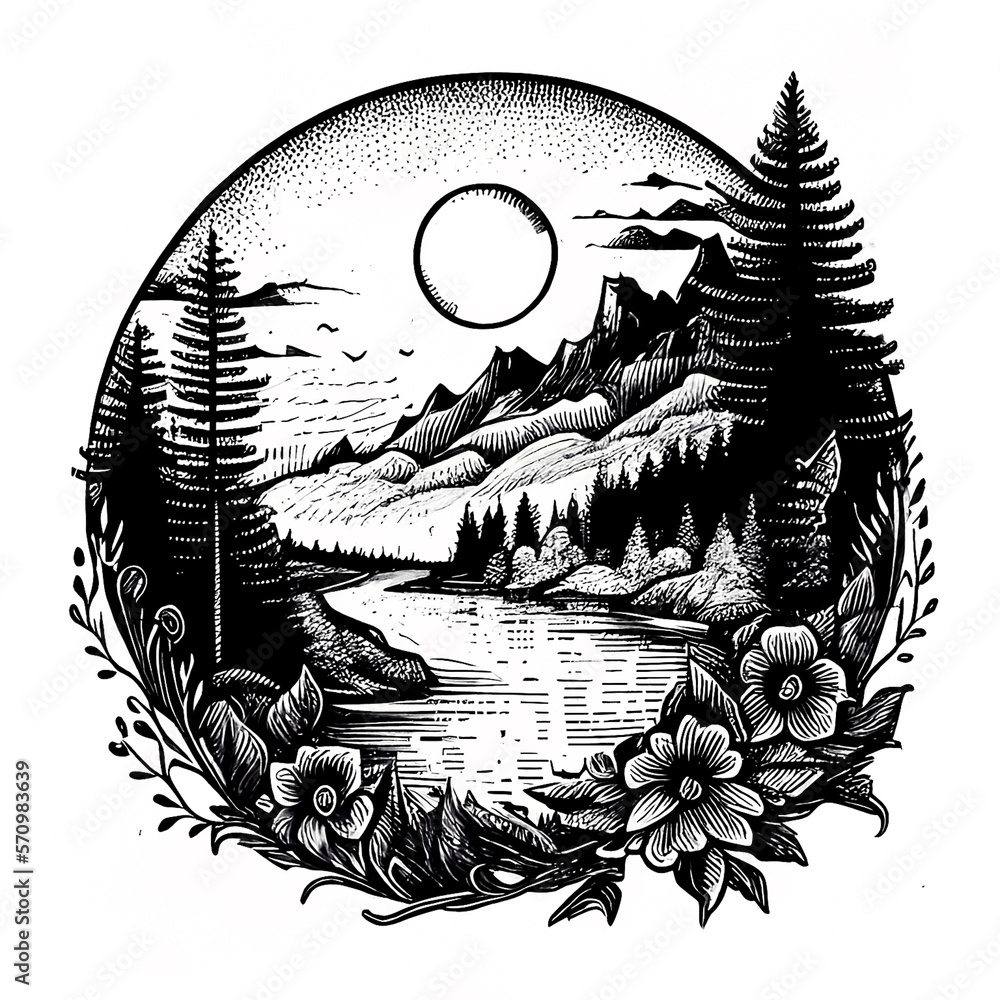 Beautiful dotwork generative ai illustration with nature landscape ...