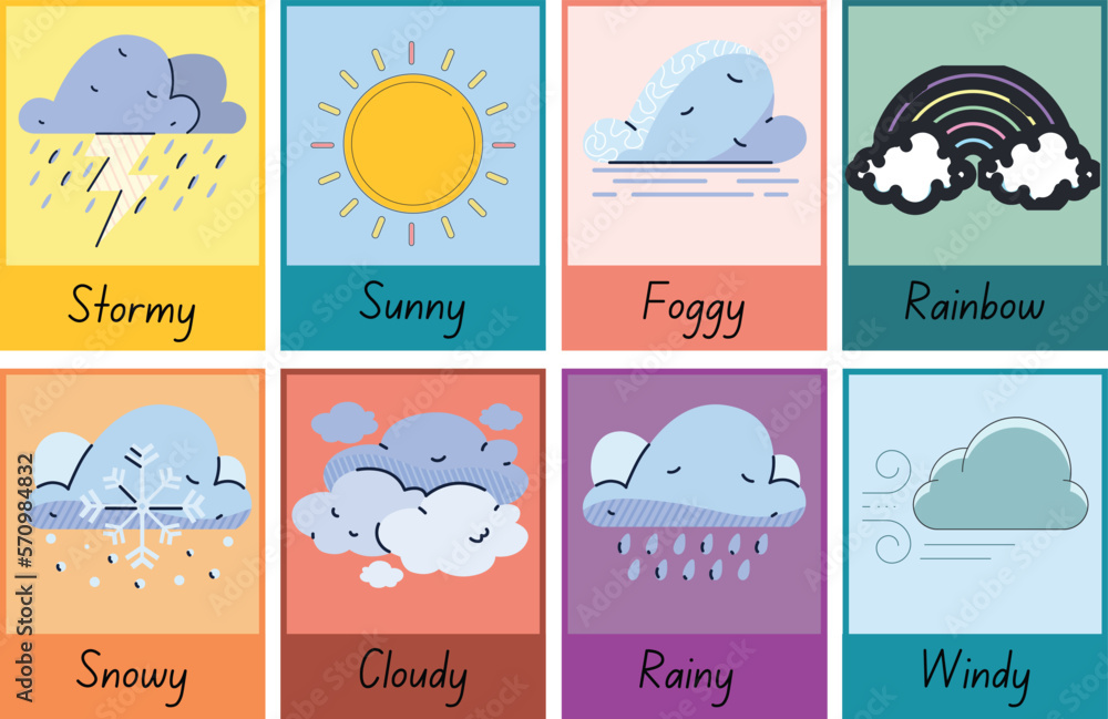 Vetor do Stock: Colorful Weather Flashcards, kids learning flashcards ...