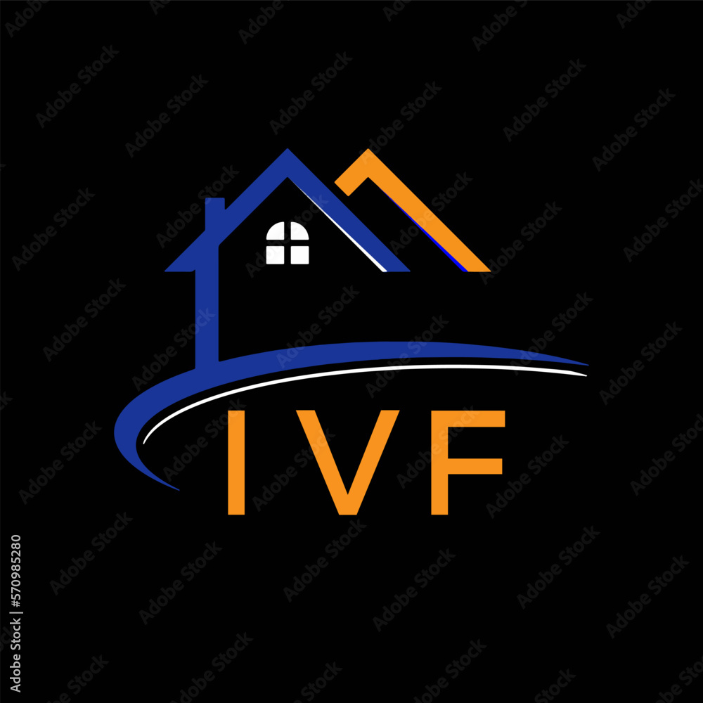 IVF house logo, letter logo. IVF blue image on black background and ...
