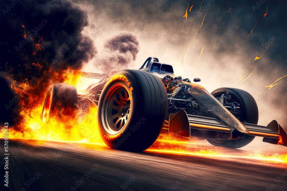 racing car with burning wheels moves down drag racing start track ...