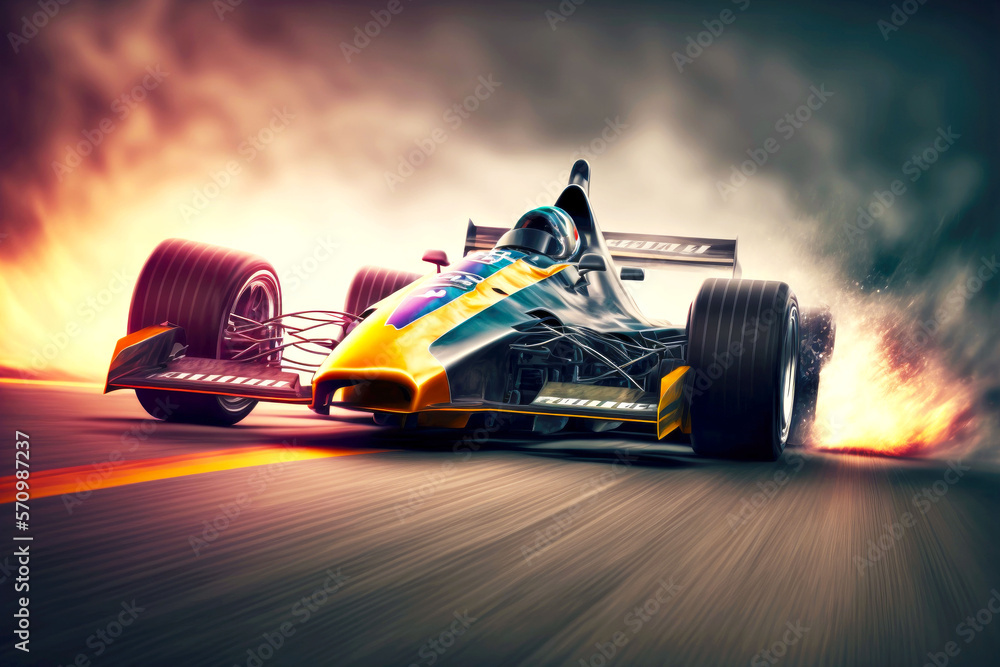 powerful sport race car accelerates on straight and approaches finish ...