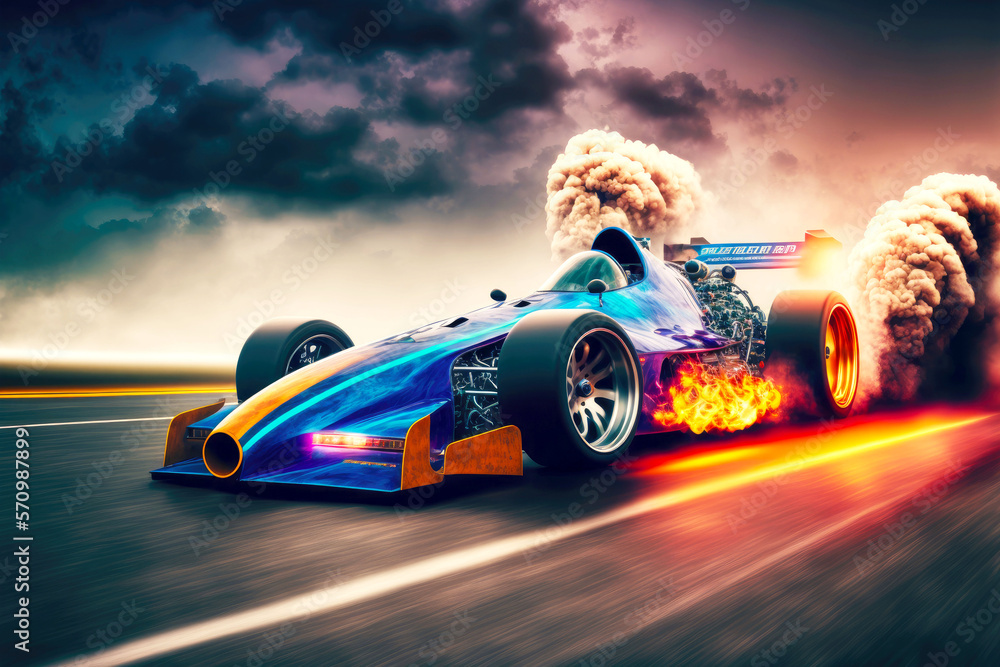 powerful racing car at speed on turn during drag racing start ...