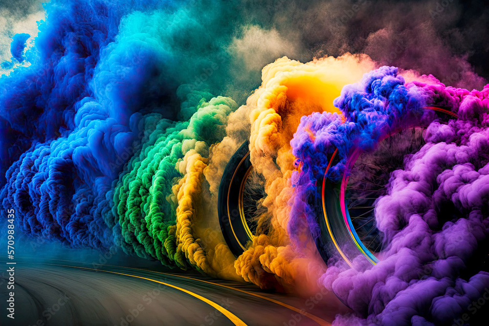 huge explosion of colored smoke from wheels of drag racing start ...