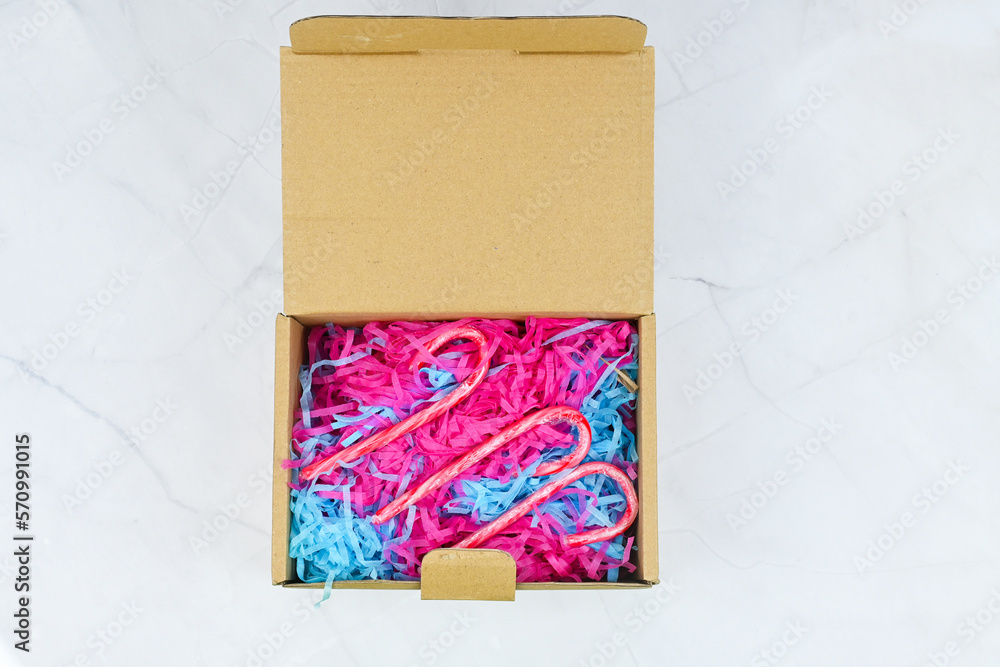 Small cardboard box open top view with Umbrella shape sugar cane ...