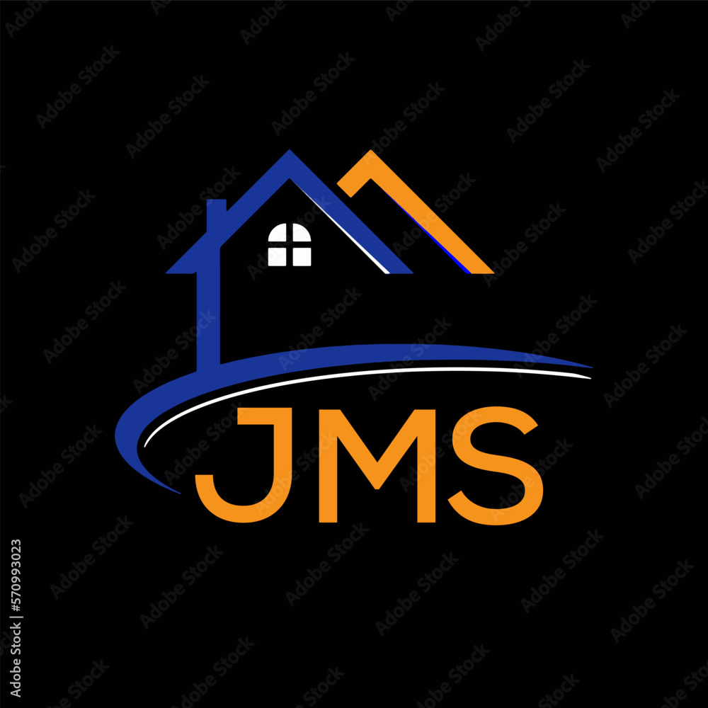 JMS house logo, letter logo. JMS blue image on black background and orange . JMS technology ...