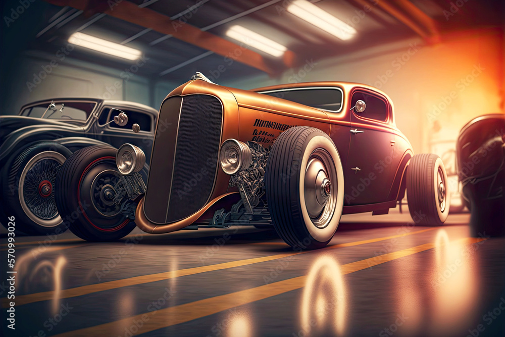 low vintage hot rods with racing wheels on blurry background ...