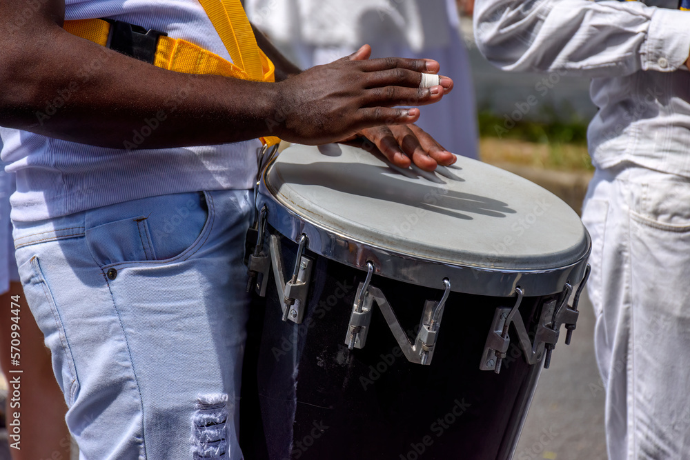 Atabaque drum player in the streets of Brazil during brazilian samba ...