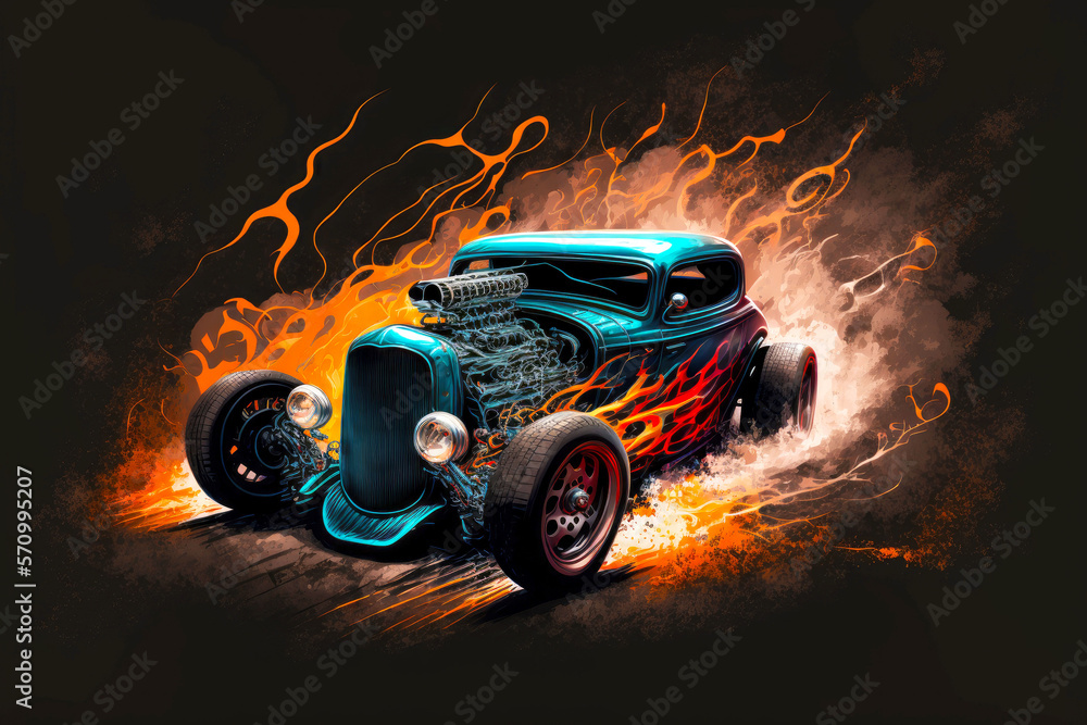 hot rods race car with flames and smoke flying from bonnet, generative ...