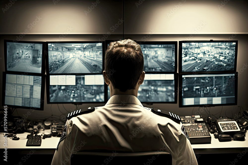 security guard in room with screen monitor surveillance room ...