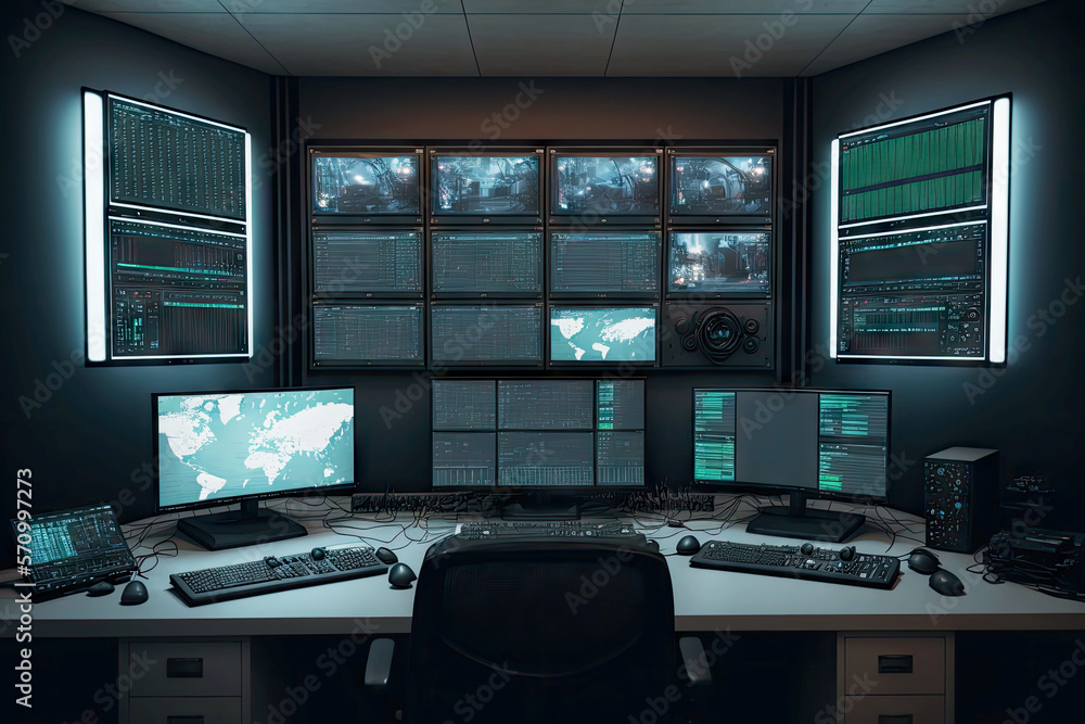 monitors and control panels in room with monitor surveillance room ...