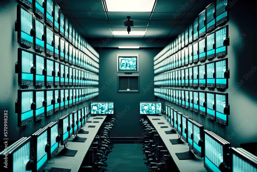 monitors displaying camera images of rows of empty offices in office ...