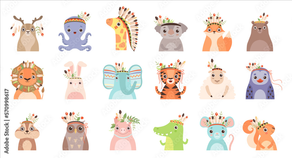 Indian tribal animal faces set. Fox, bear, octopus, elephant, sheep ...