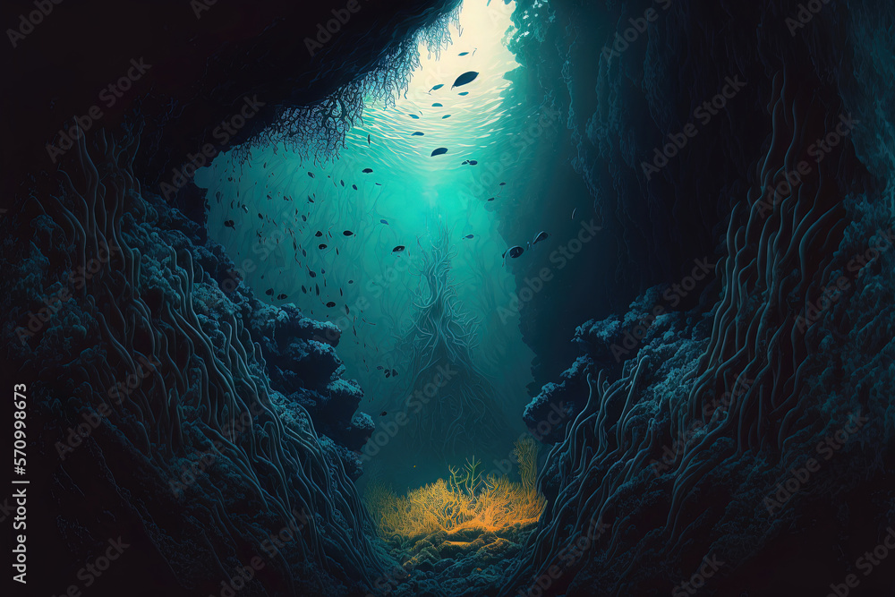 Underwater deep-sea gorge. Underwater deep ocean world, light on the ...