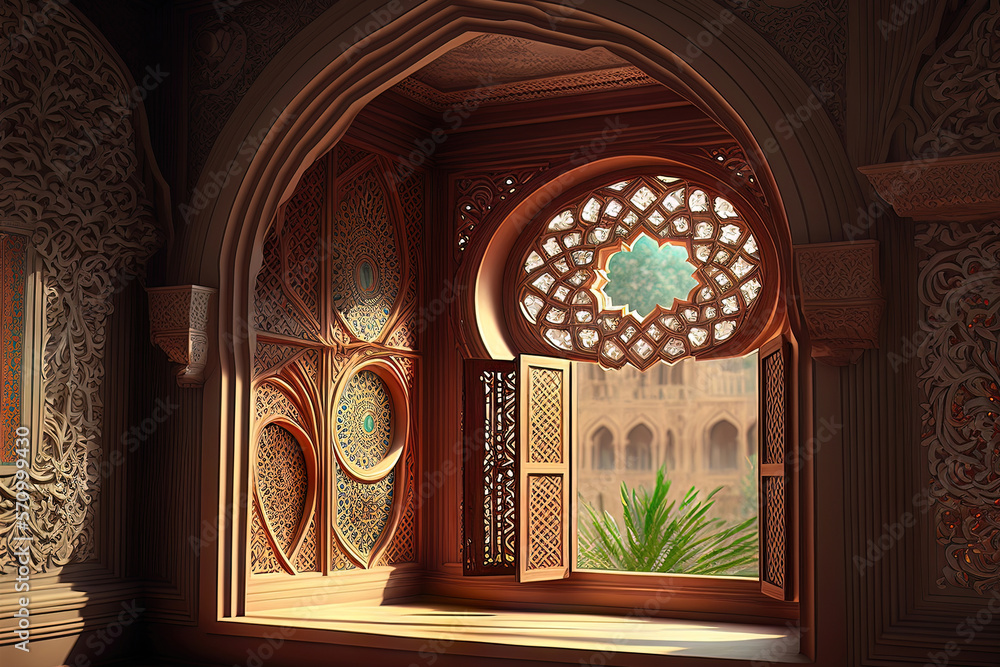 Eastern architectural window, Arabic palace interior. AI Stock ...