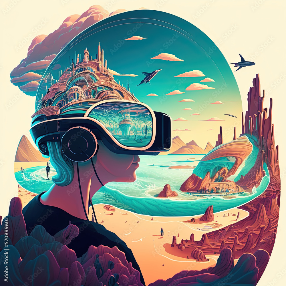 Virtual Reality mixing with real life, drawing, AI generated Stock ...