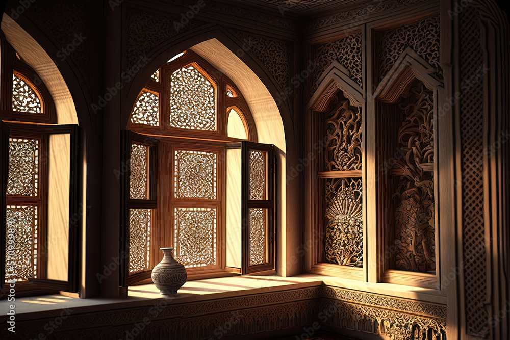 Eastern architectural window, Arabic palace interior. AI Stock ...