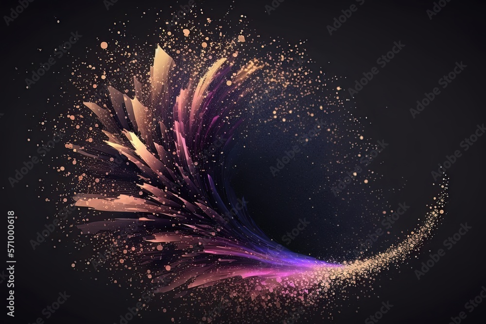 Magical neon background with bokeh and tiny particles, explosion and swirl of sparkles and ...