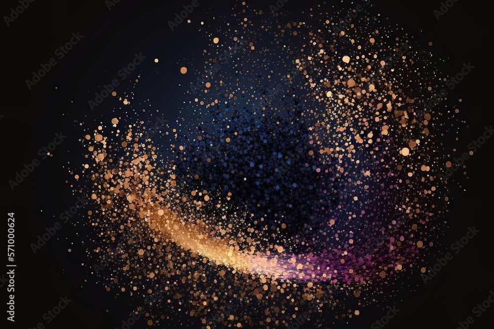 Magical neon background with bokeh and tiny particles, explosion and swirl of sparkles and ...