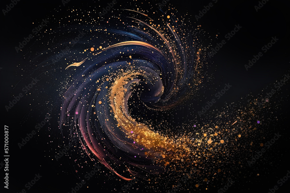 Magical neon background with bokeh and tiny particles, explosion and swirl of sparkles and ...