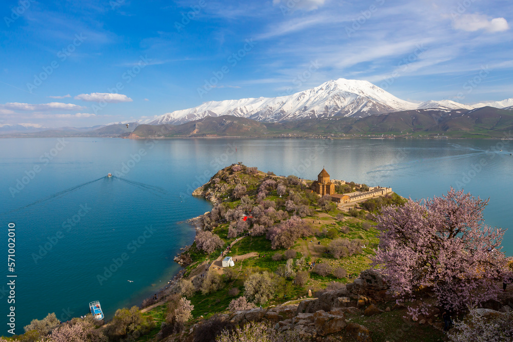 Akdamar Island in Van Lake. The Armenian Cathedral Church of the Holy ...