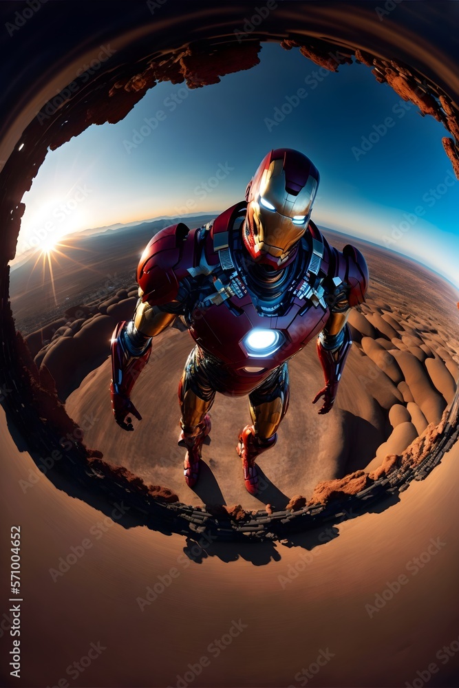Fish eye shot of Iron Man on a tiny planet unreal engine render ...