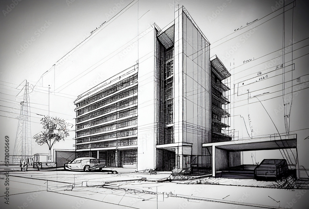 Pencil concept sketch drawing of a modern building made with generative ...