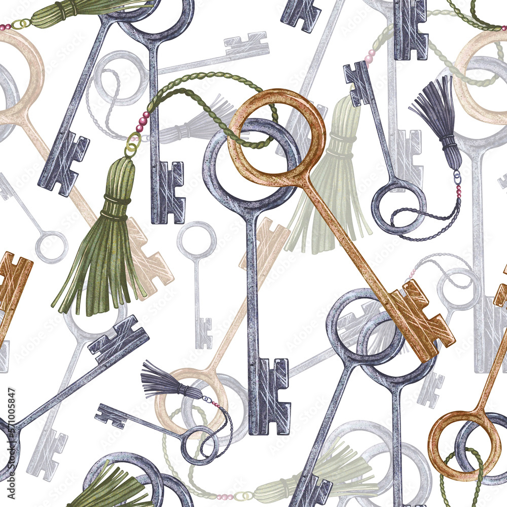 Seamless pattern of vintage keys. Hand drawn watercolor illustration ...