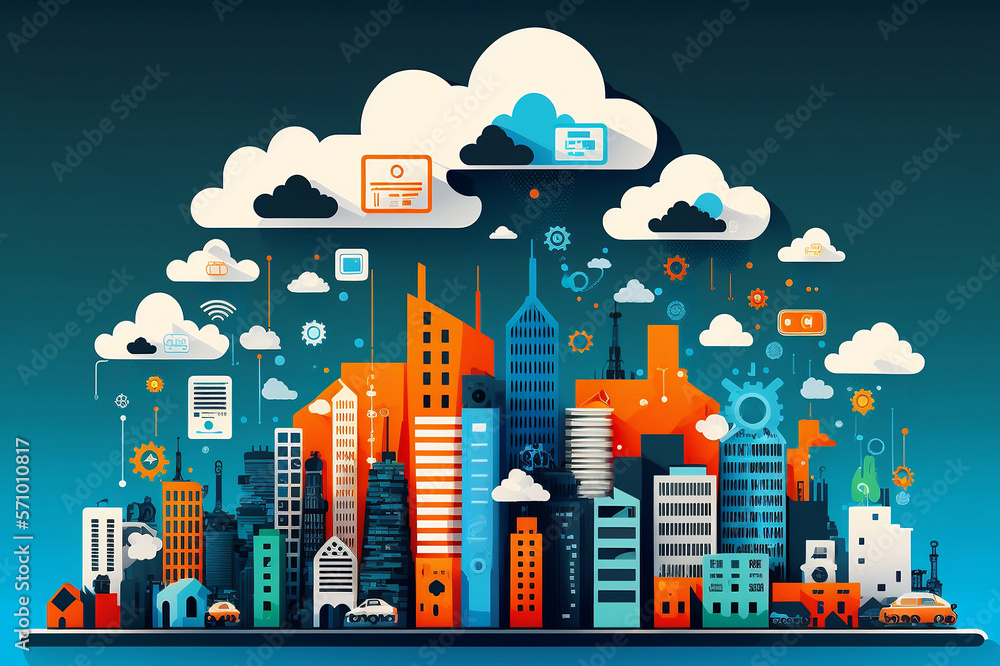 Cloud computing concept. Smart city wireless internet. Illustration of ...